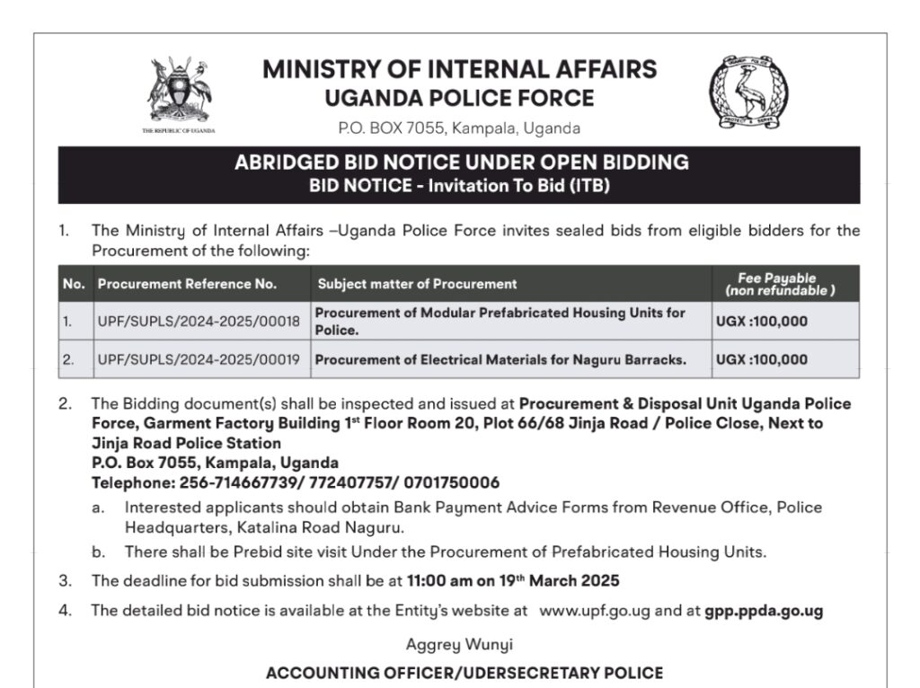 BID NOTICE - Invitation To Bid (ITB) - Uganda Police Force